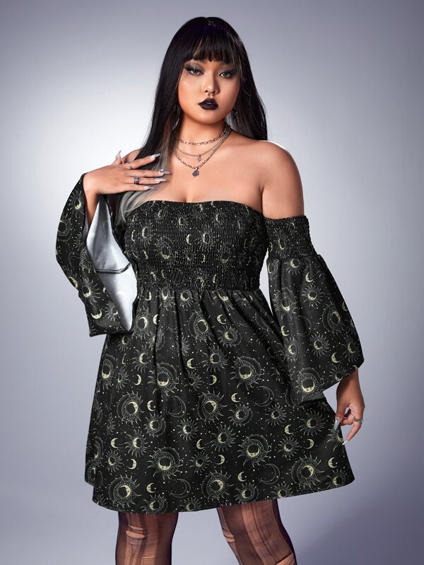 Goth Plus Sun & Moon Print Off Shoulder Flounce Sleeve Dress | SHEIN UK