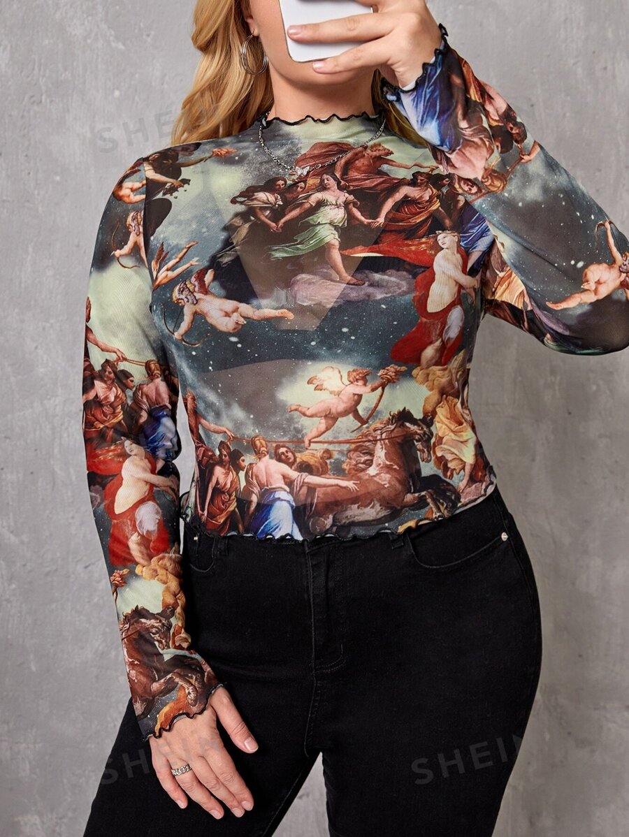 SHEIN Privé Plus Figure Graphic Lettuce Trim Mesh Top | SHEIN UK