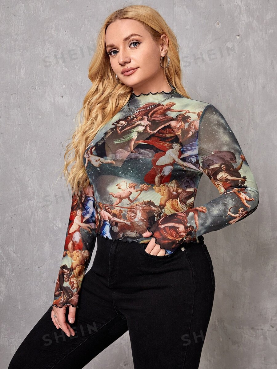 SHEIN Privé Plus Figure Graphic Lettuce Trim Mesh Top | SHEIN UK