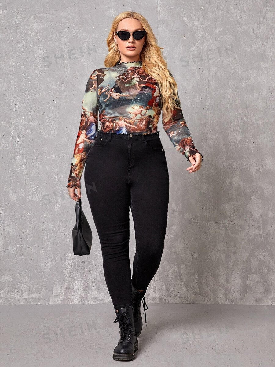 SHEIN Privé Plus Figure Graphic Lettuce Trim Mesh Top | SHEIN UK