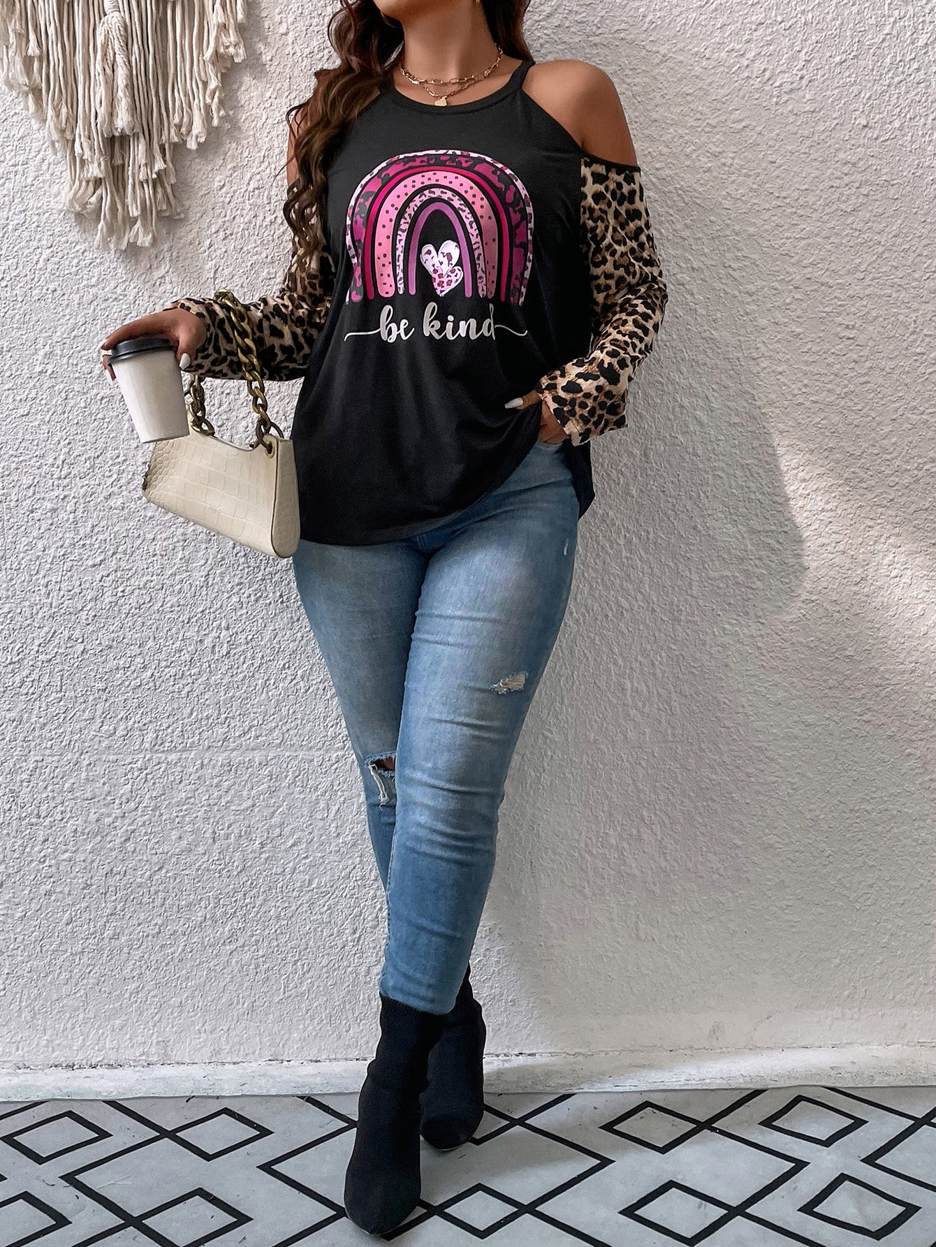 Shein Lune Plus Leopard And Heart Print Cold Shoulder Tee Shein Usa