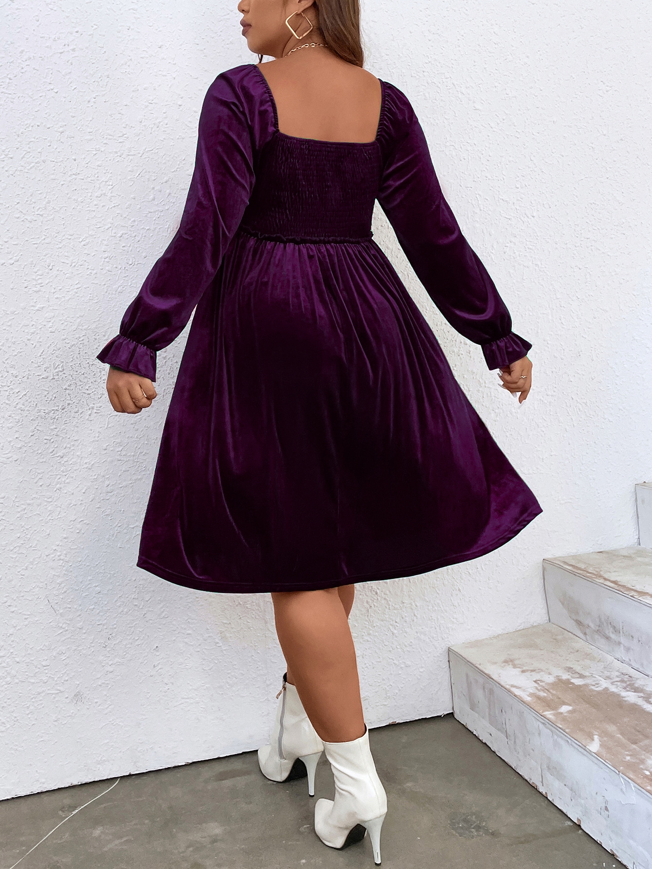 Shein Lune Plus Square Neck Flounce Sleeve Shirred Bodice Velvet Dress