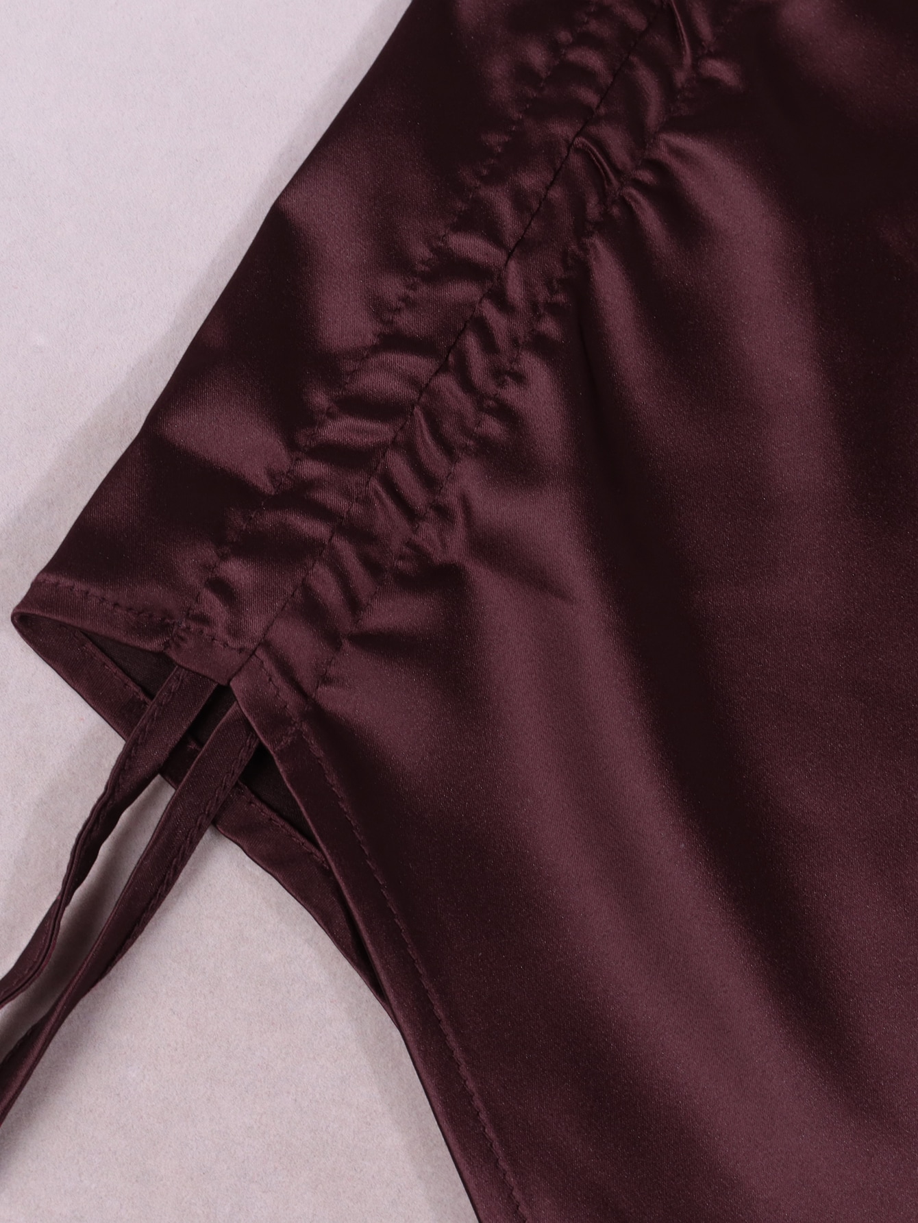 Parthea Cowl Neck Ruched Drawstring Knot Asymmetrical Satin Cami Dress
