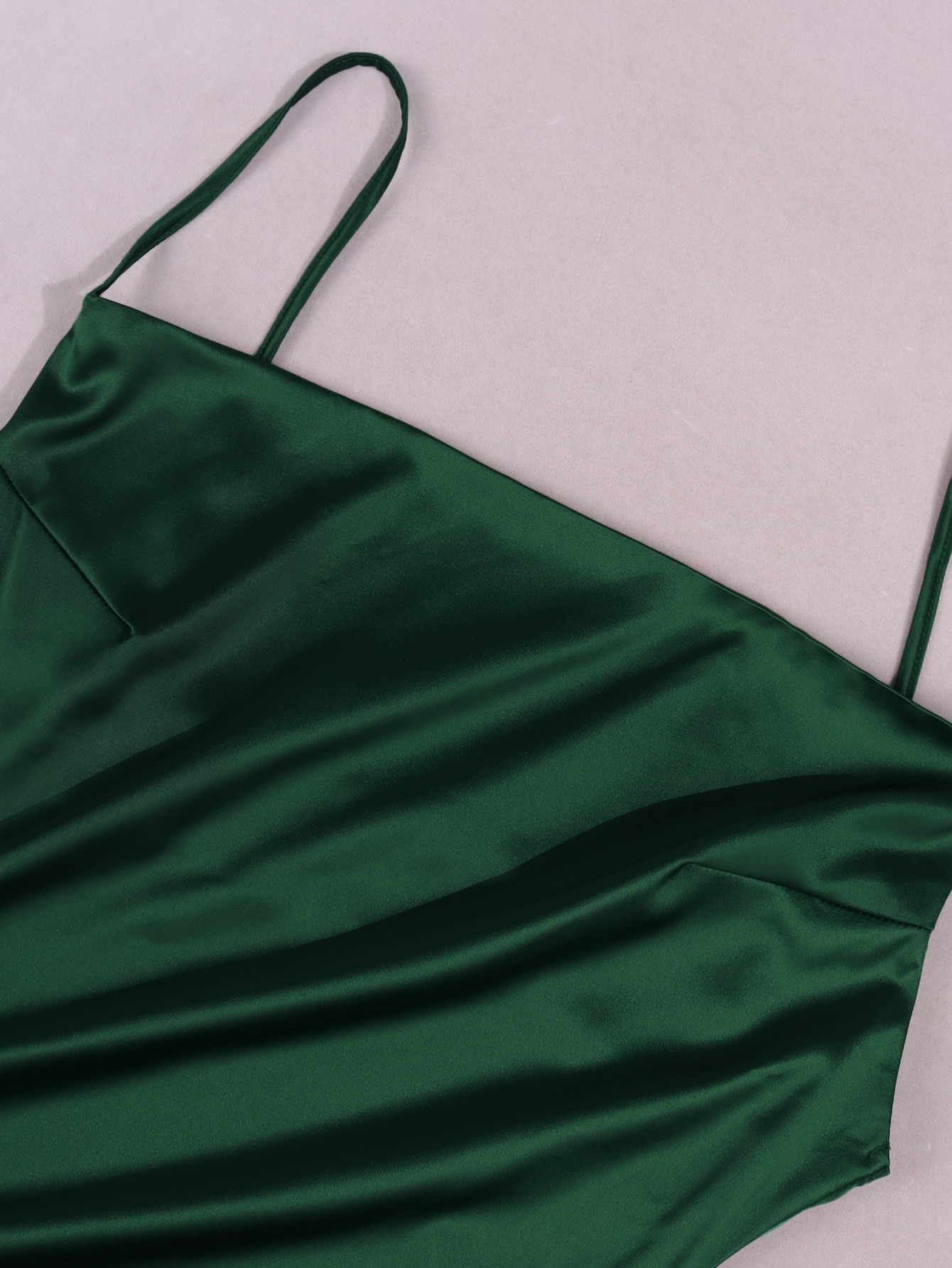 Parthea Cowl Neck Ruched Drawstring Knot Asymmetrical Satin Cami Dress