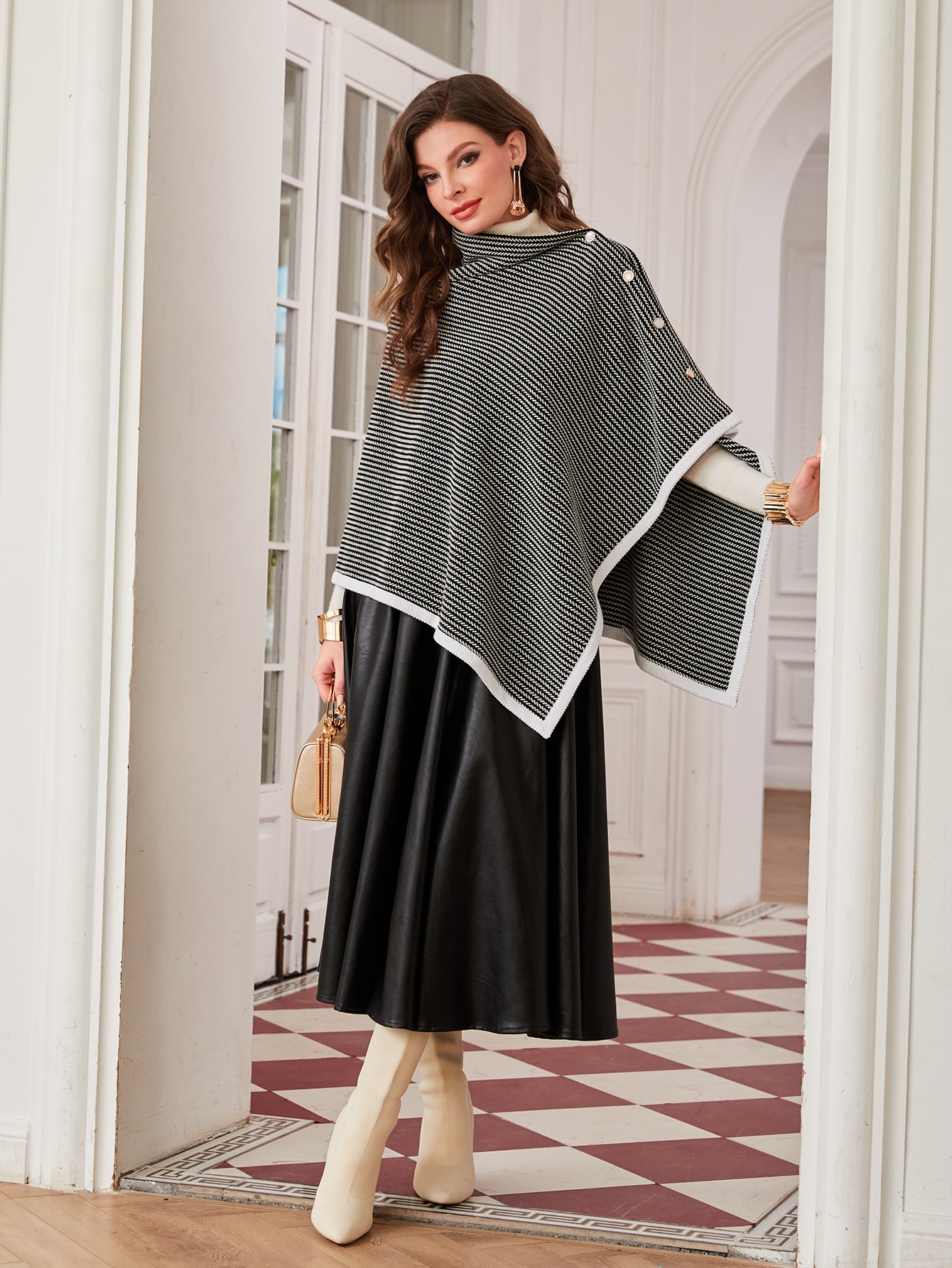 SHEIN Modely Contrast Binding Buttoned Front Hanky Hem Cape Overcoat ...