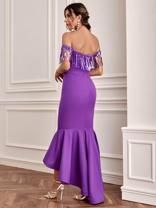 Off Shoulder Contrast Sequin Fringe Trim Mermaid Hem Bridesmaid Dress