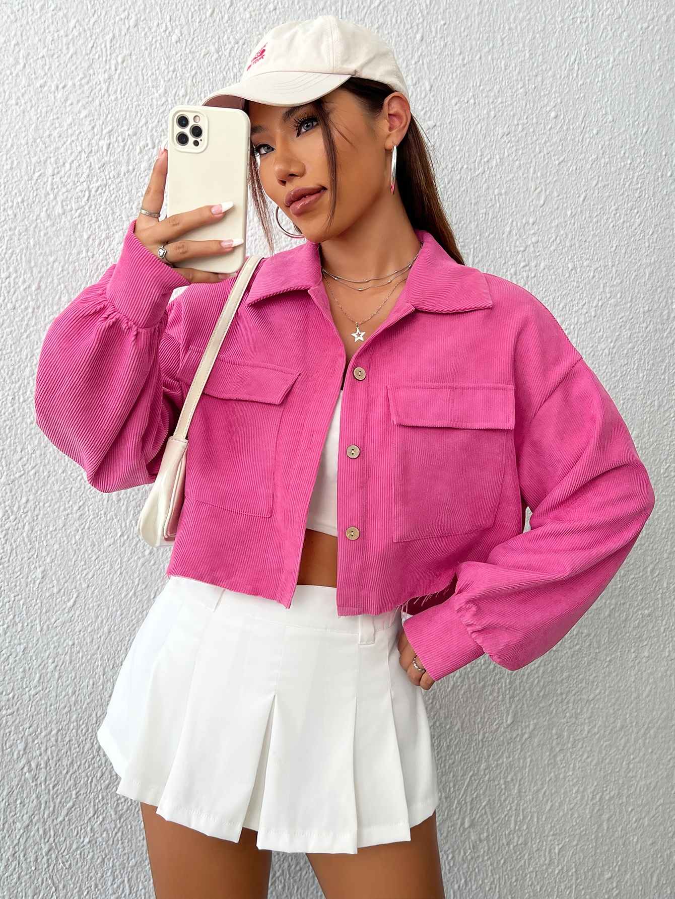 SHEIN Qutie Flap Pocket Drop Shoulder Crop Jacket | SHEIN USA
