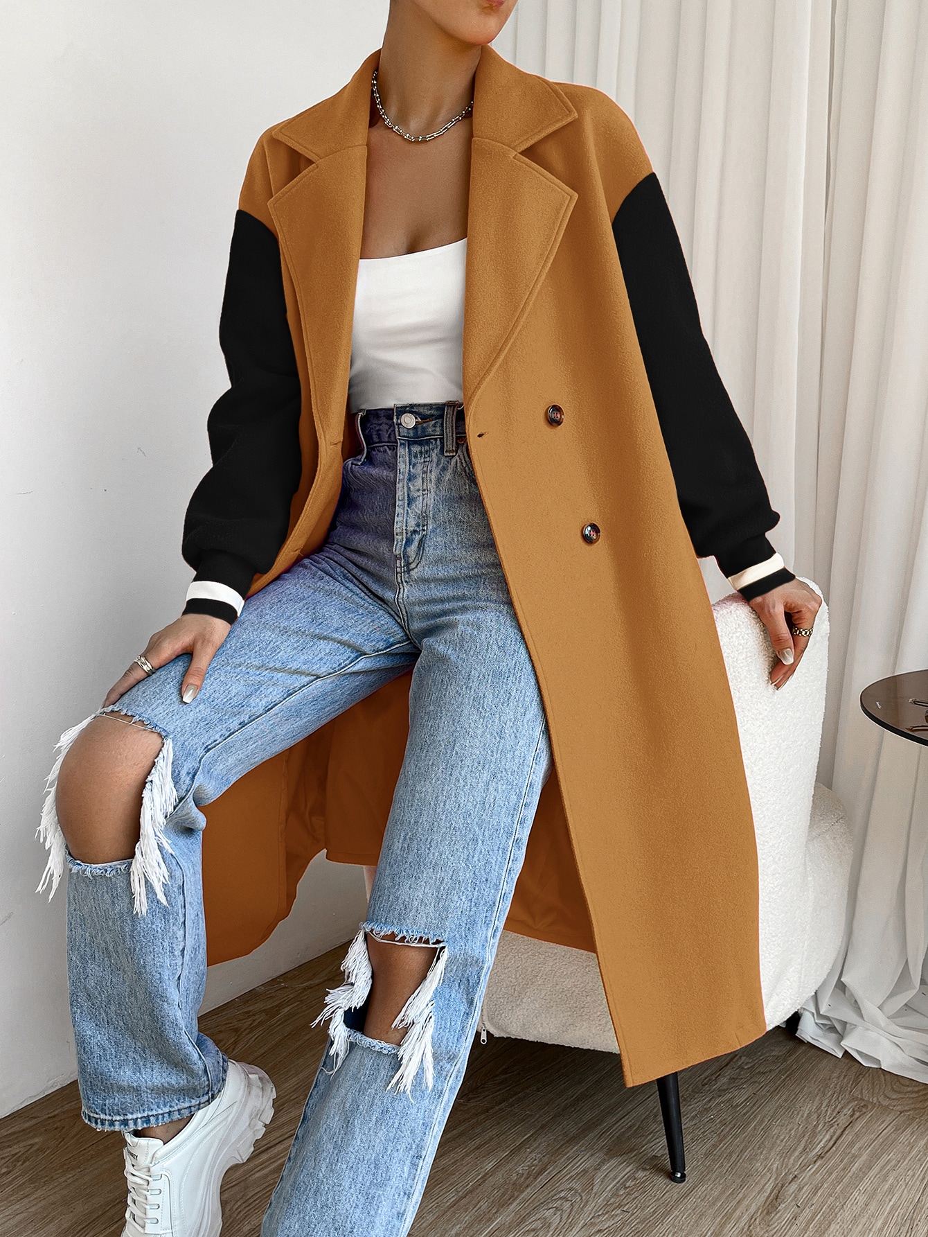 SHEIN EZwear Colorblock Drop Shoulder Double Breasted Overcoat | SHEIN USA