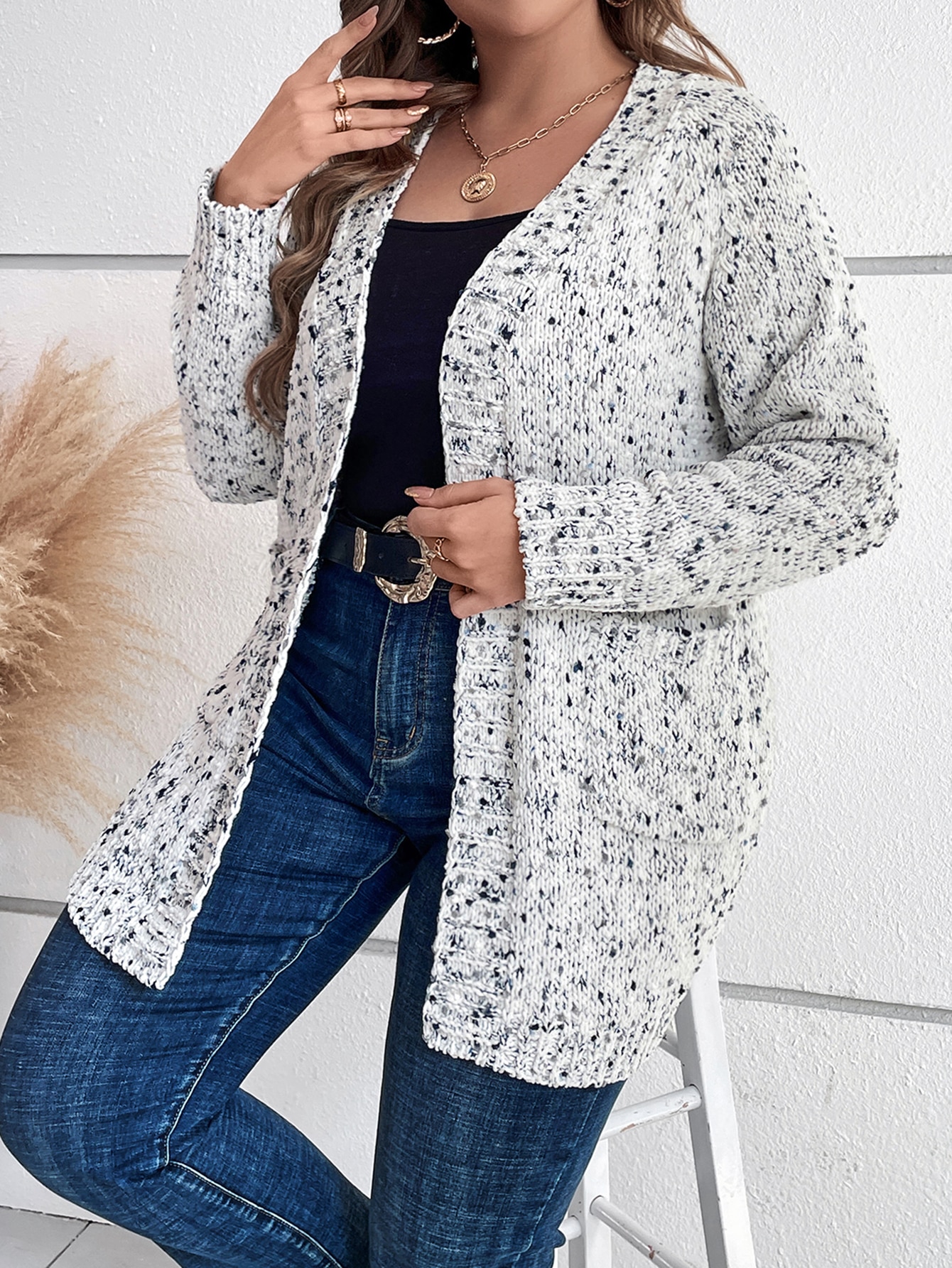 SHEIN Essnce Plus Popcorn Knit Drop Shoulder Cardigan | SHEIN USA