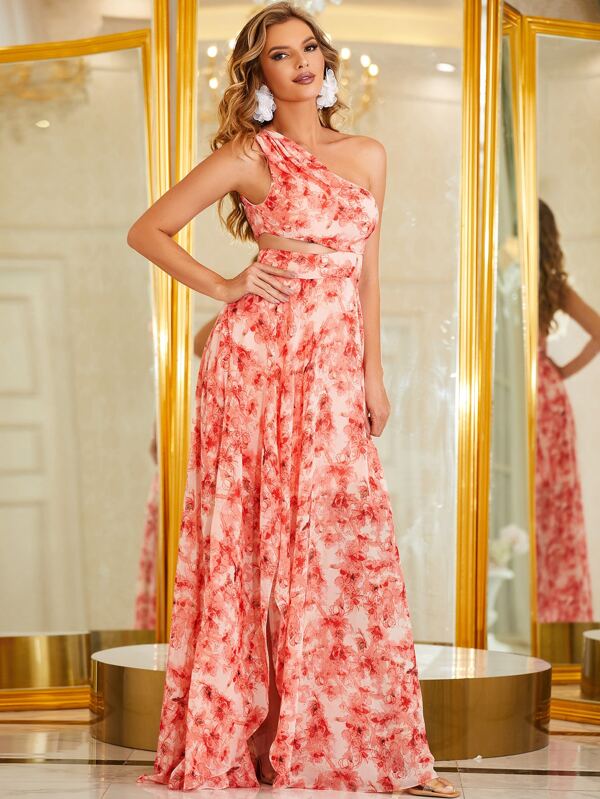 Giffniseti One Shoulder Cut Out Waist Split Thigh Floral Dress | SHEIN UK