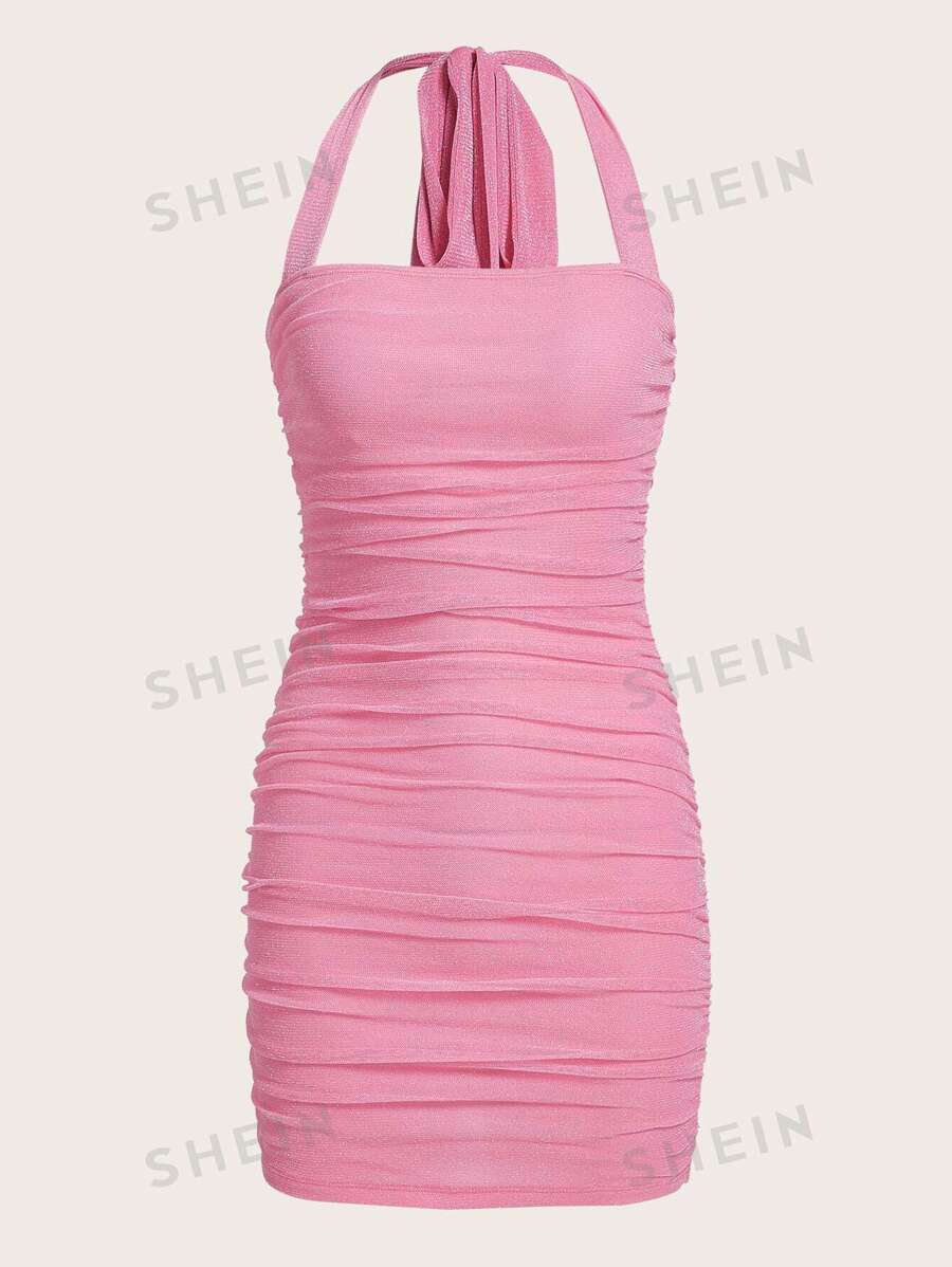 SHEIN Privé Ruched Backless Halter Bodycon Dress | SHEIN UK
