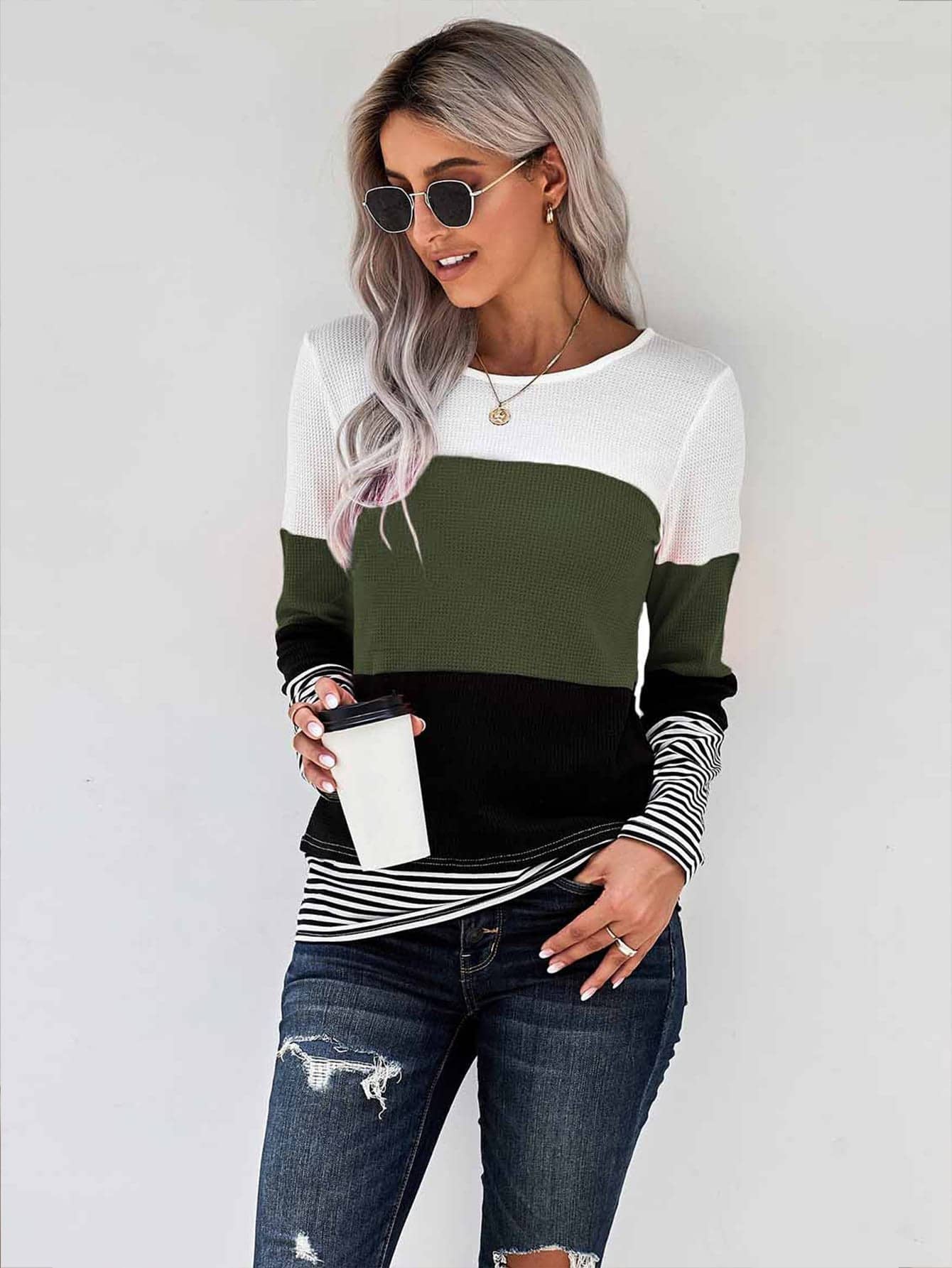 SHEIN LUNE Colorblock Waffle Knit Striped Panel Tee | SHEIN USA