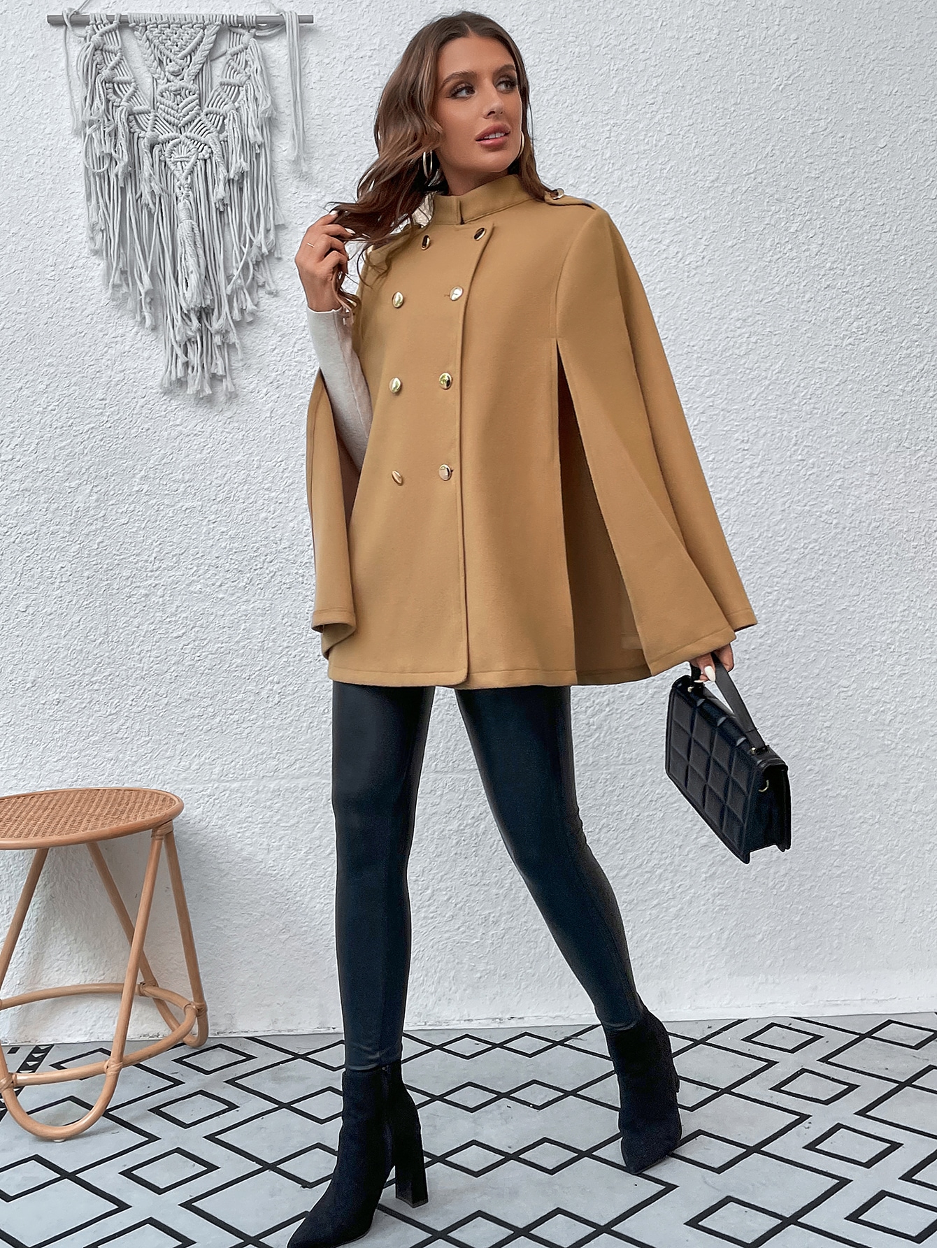 SHEIN Essnce Double Breasted Cloak Sleeve Cape Overcoat | SHEIN UK