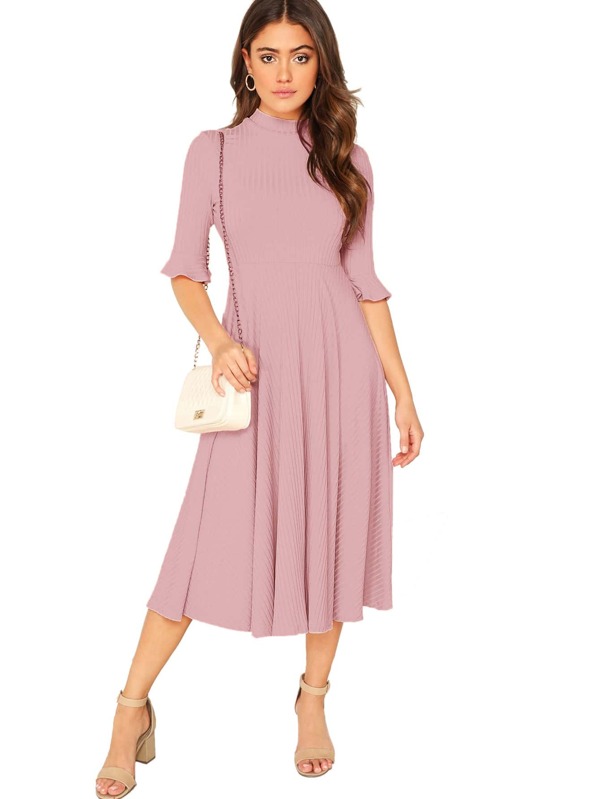 SHEIN Clasi Bell Sleeve Ribbed Knit Midi Dress | SHEIN USA