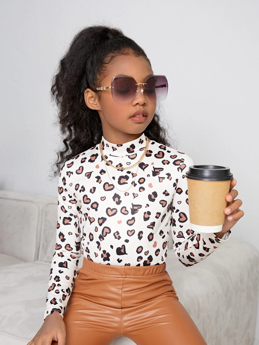SHEIN Leap Crew Tween Girls Long Sleeve High Neck Heart Print Solid ...