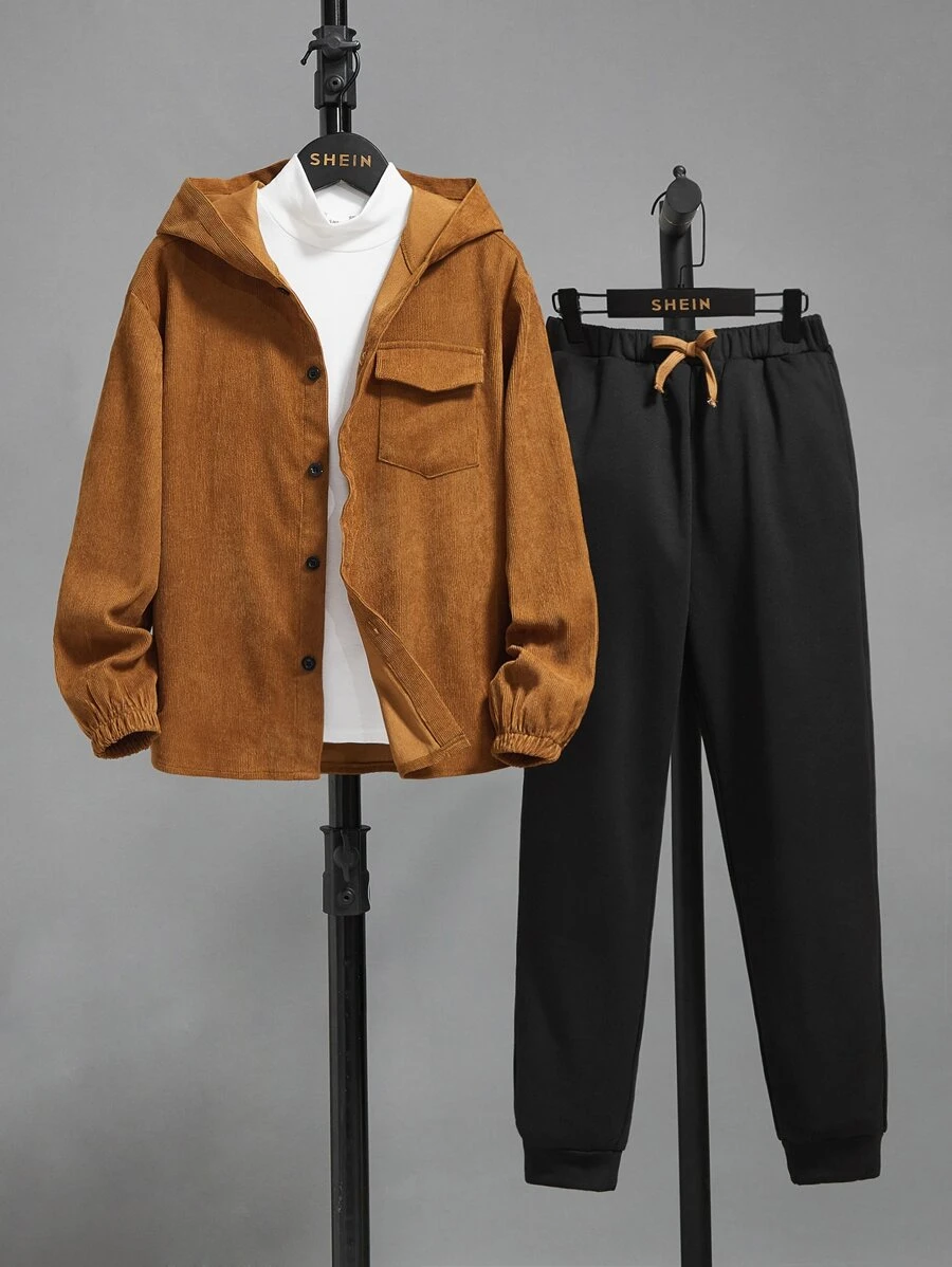SHEIN Tween Boy Flap Pocket Corduroy Hooded Shirt & Drawstring Waist ...