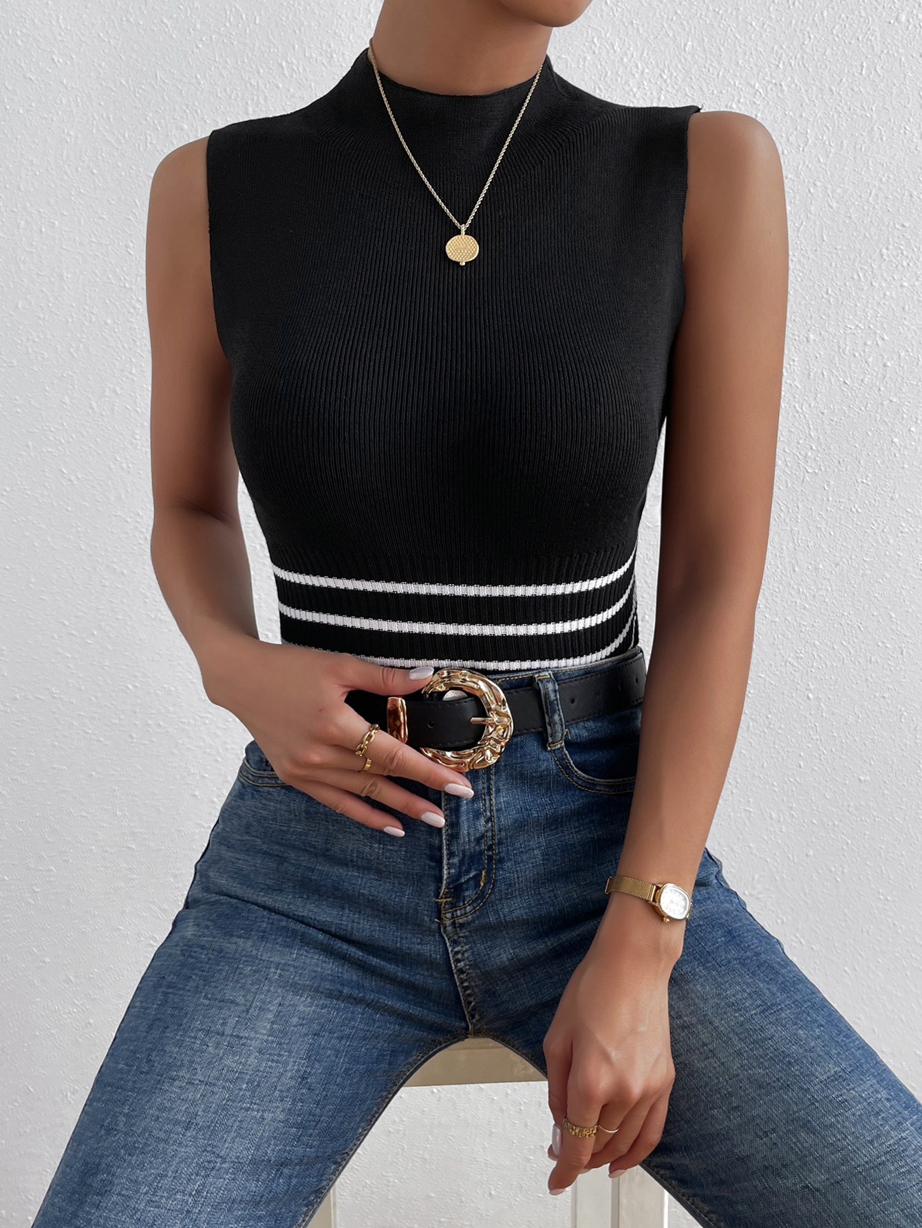 SHEIN Frenchy Striped Pattern Mock Neck Knit Top | SHEIN USA