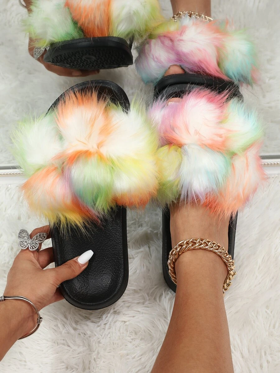 Colorblock Fluffy Slides | SHEIN USA