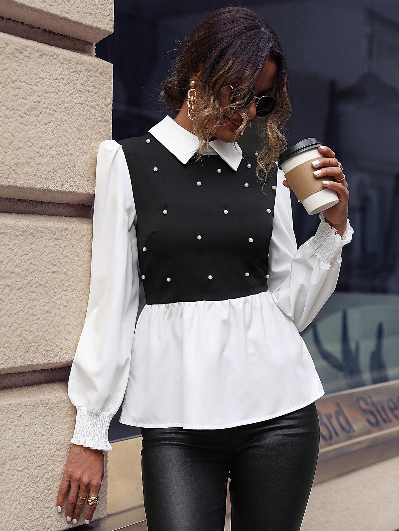 Pearls Beaded Ruffle Hem 2 In 1 Blouse