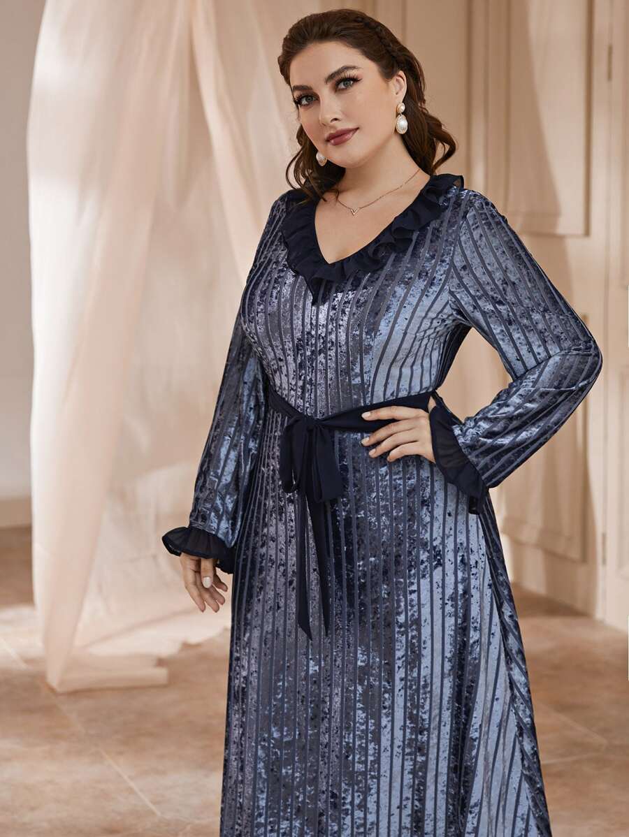 Shein Modely Plus Ruffle Trim Flounce Sleeve Belted Velvet Dress