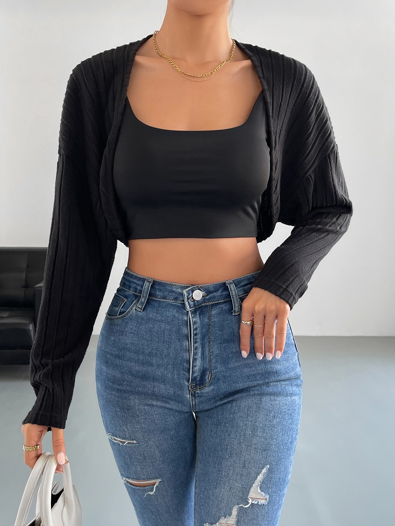Drop Shoulder Open Front Crop Jacket