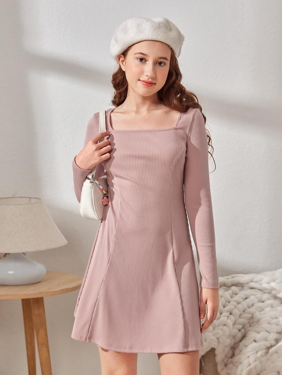 SHEIN Teen Girls Rib Knit Square Neck Dress | SHEIN USA