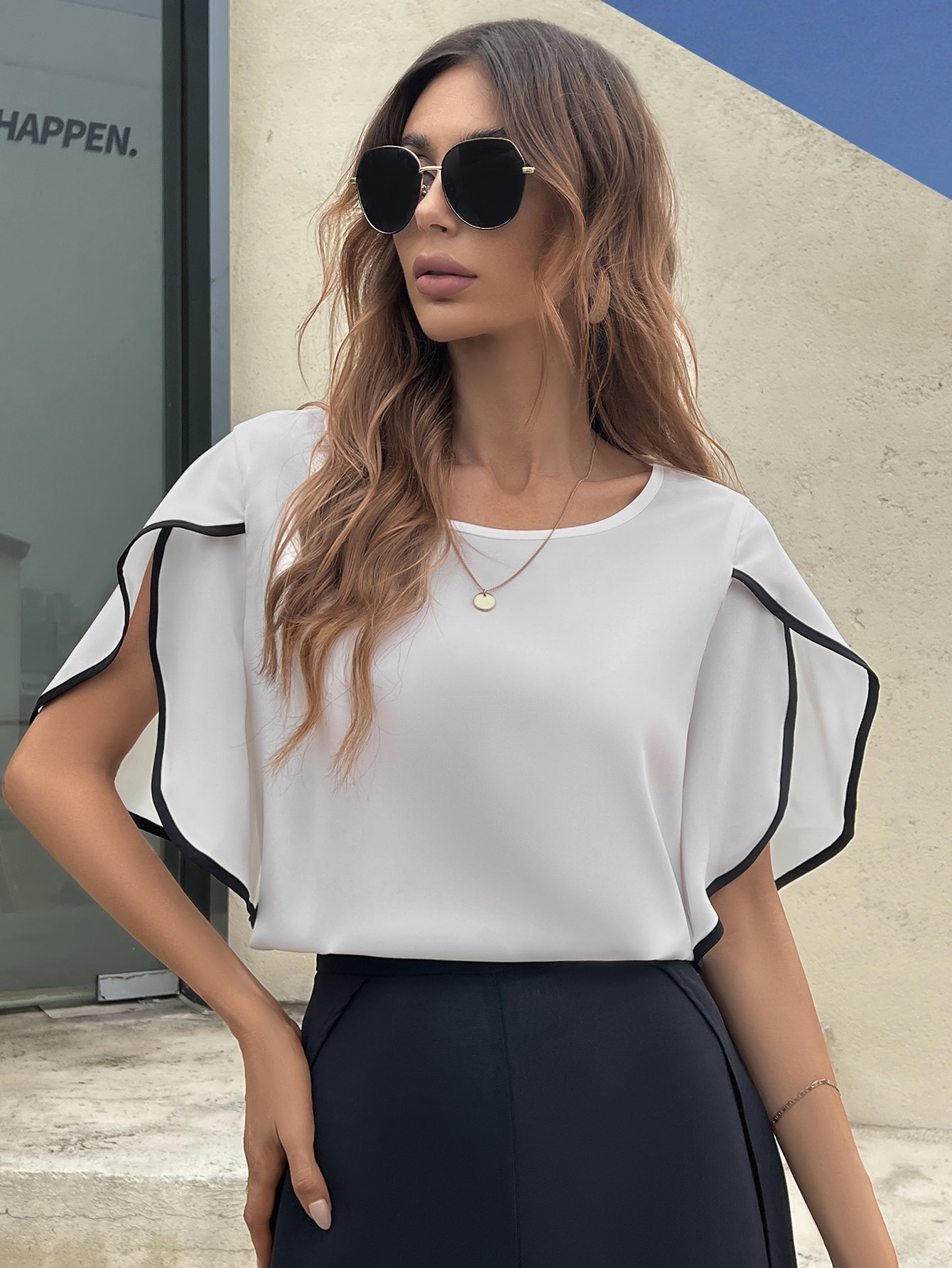 Blouse à Liseré Contrastant Manches Tulipe Mode En Ligne Shein France