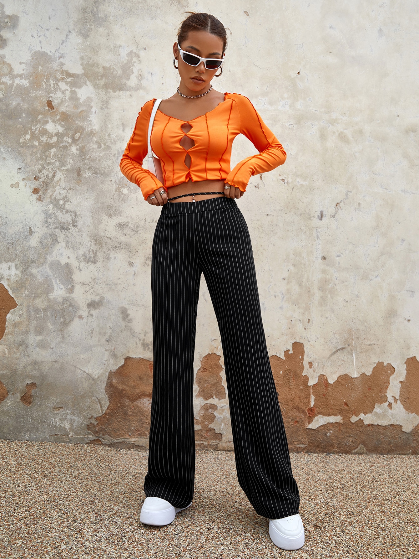 SHEIN ICON Low Rise Striped Strap Waist Flare Leg Pants | SHEIN USA