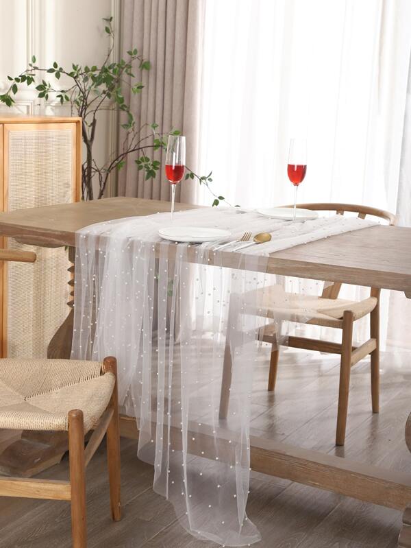 Faux Pearl Decor Tablecloth, White Mesh Table Cover For Dining Room ...