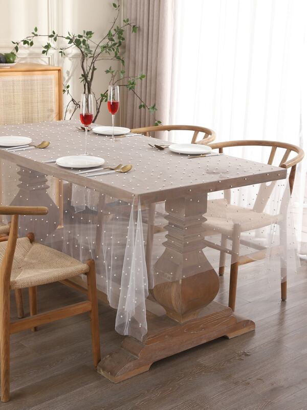 Faux Pearl Decor Tablecloth, White Mesh Table Cover For Dining Room ...