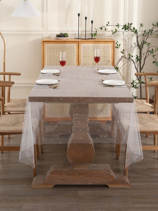 Faux Pearl Decor Tablecloth, White Mesh Table Cover For Dining Room ...