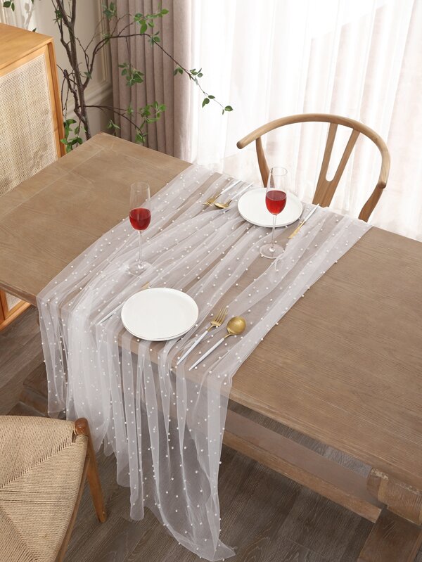 Faux Pearl Decor Tablecloth, White Mesh Table Cover For Dining Room ...