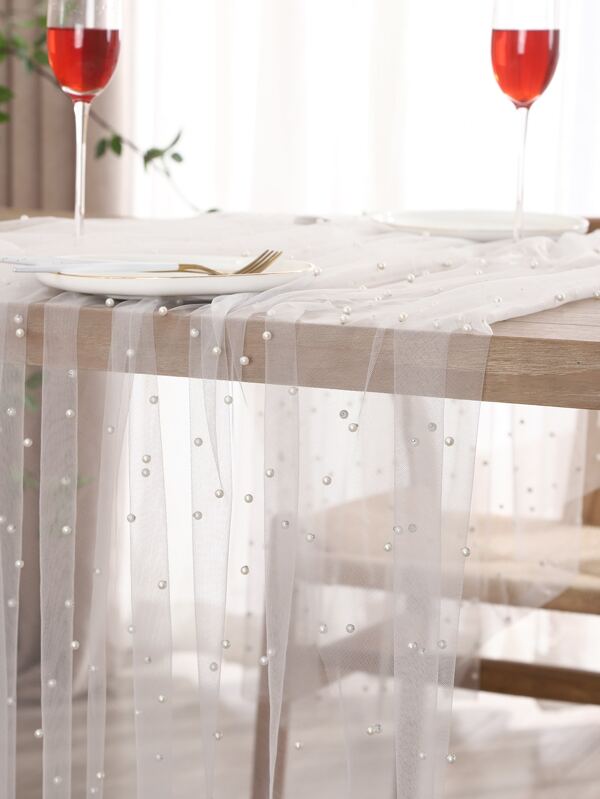 Faux Pearl Decor Tablecloth, White Mesh Table Cover For Dining Room ...