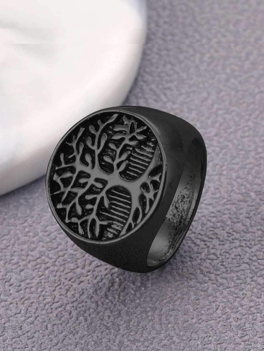 Men Tree Detail Ring Black Stainless Steel Fashionable Popular Jewelry ...
