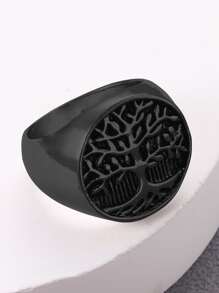 Men Tree Detail Ring Black Stainless Steel Fashionable Popular Jewelry ...