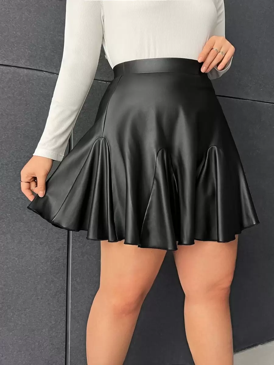 SHEIN Essnce Plus High Waist PU Leather Flare Skirt | SHEIN USA