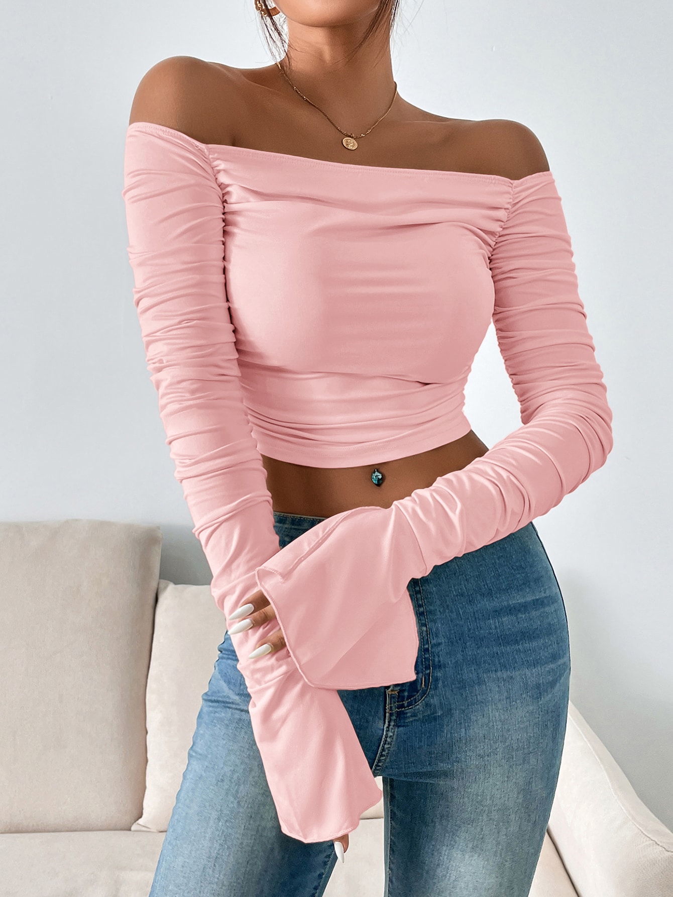 Off Shoulder Ruched Split Cuff Crop Top