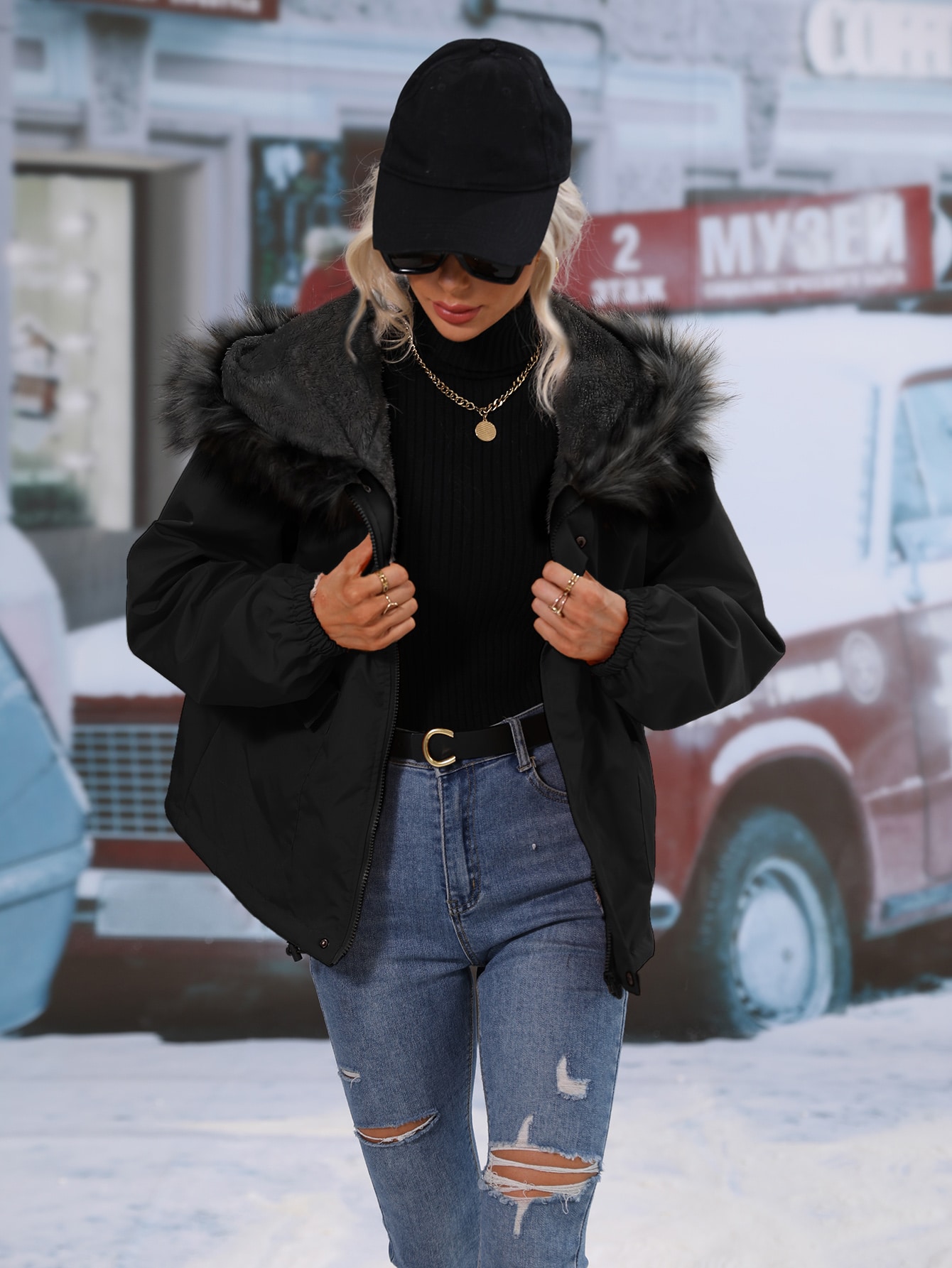 SHEIN LUNE Flap Pocket Thermal Lined Fuzzy Trim Hooded Winter Coat | SHEIN UK