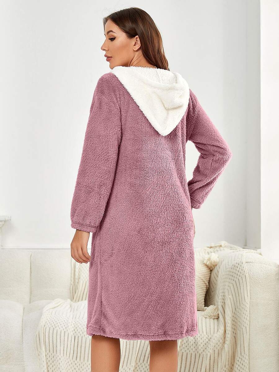 Two Tone Hooded Drop Shoulder Zipper Flannel Lounge Robe | SHEIN USA