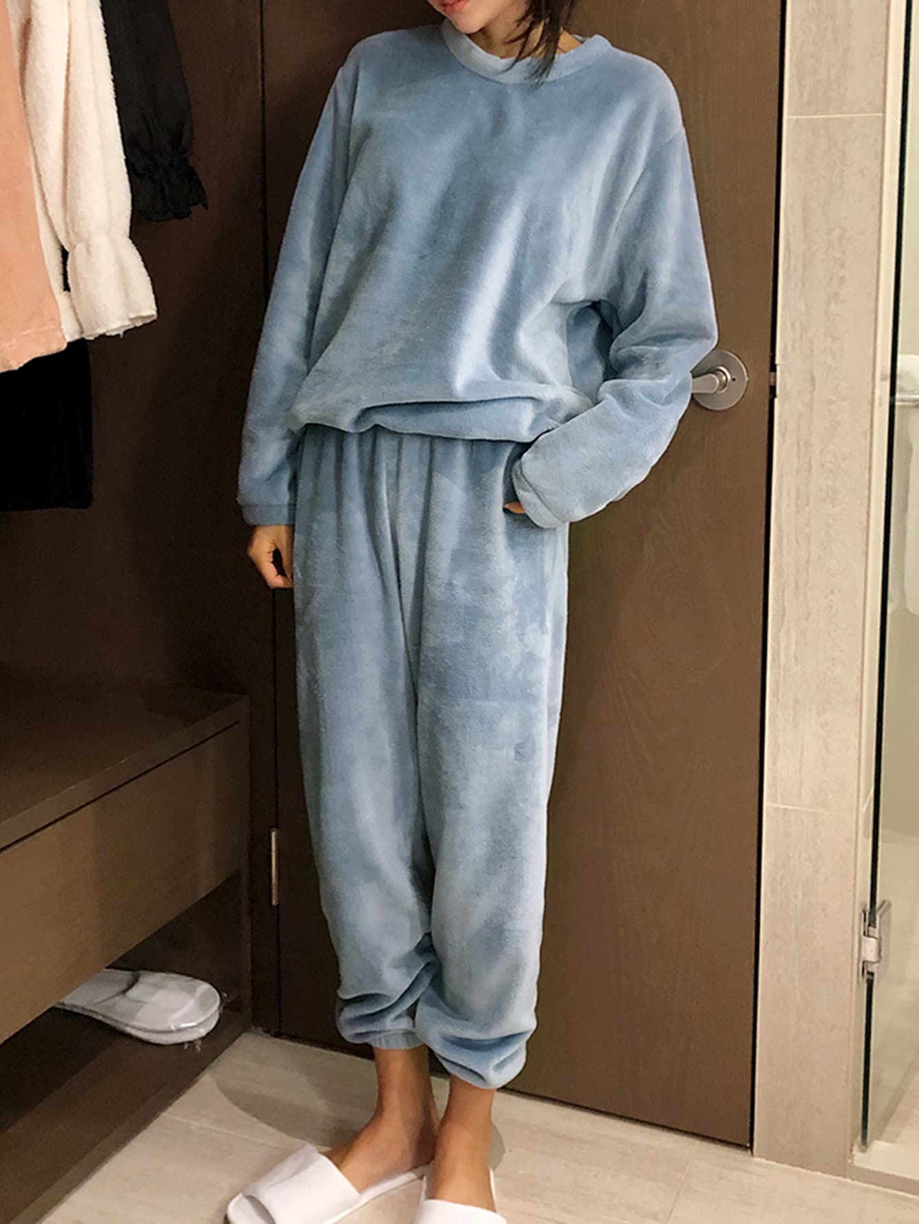 DAZY Solid Drop Shoulder Flannel PJ Set | SHEIN USA