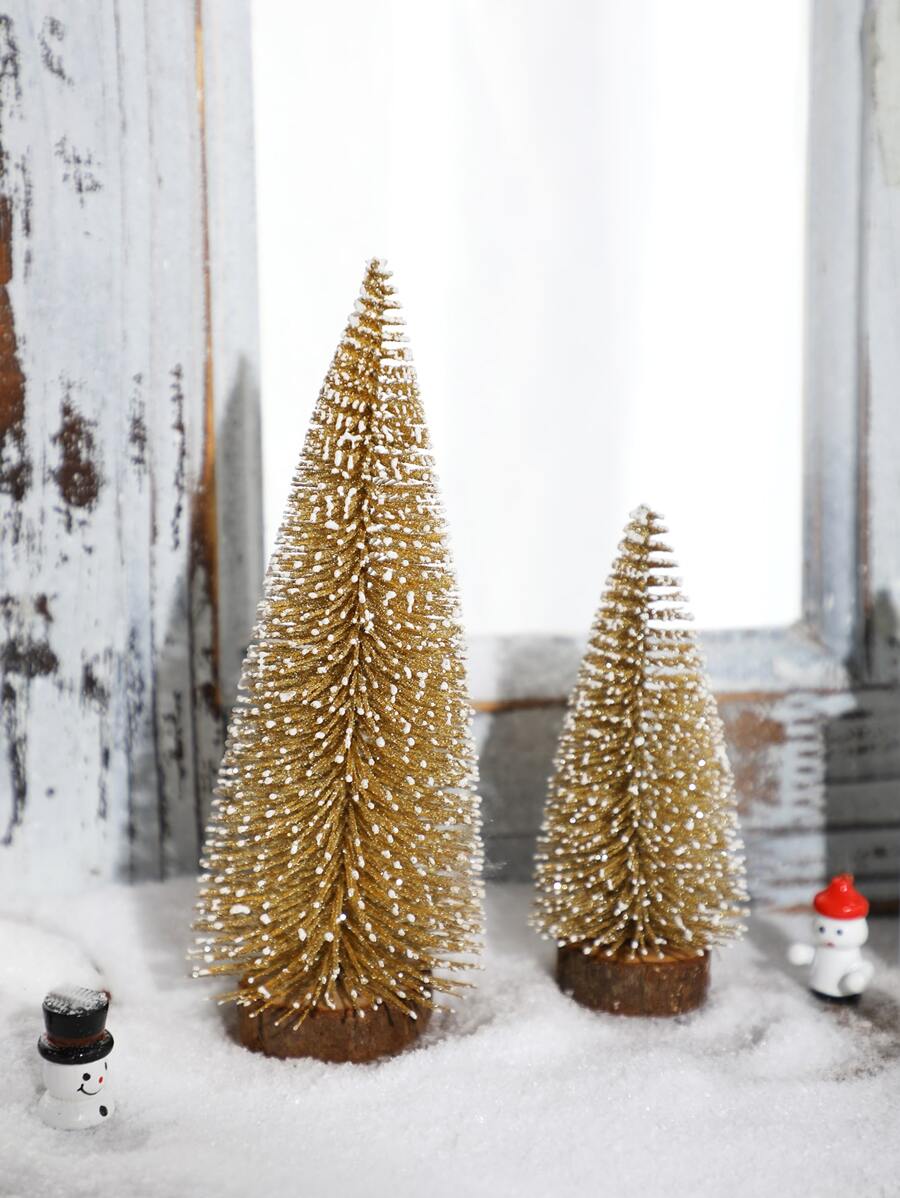 2pcs 10cm/3.93in,15cm/5.90in Snow Golden Mini Artificial Christmas Tree ...