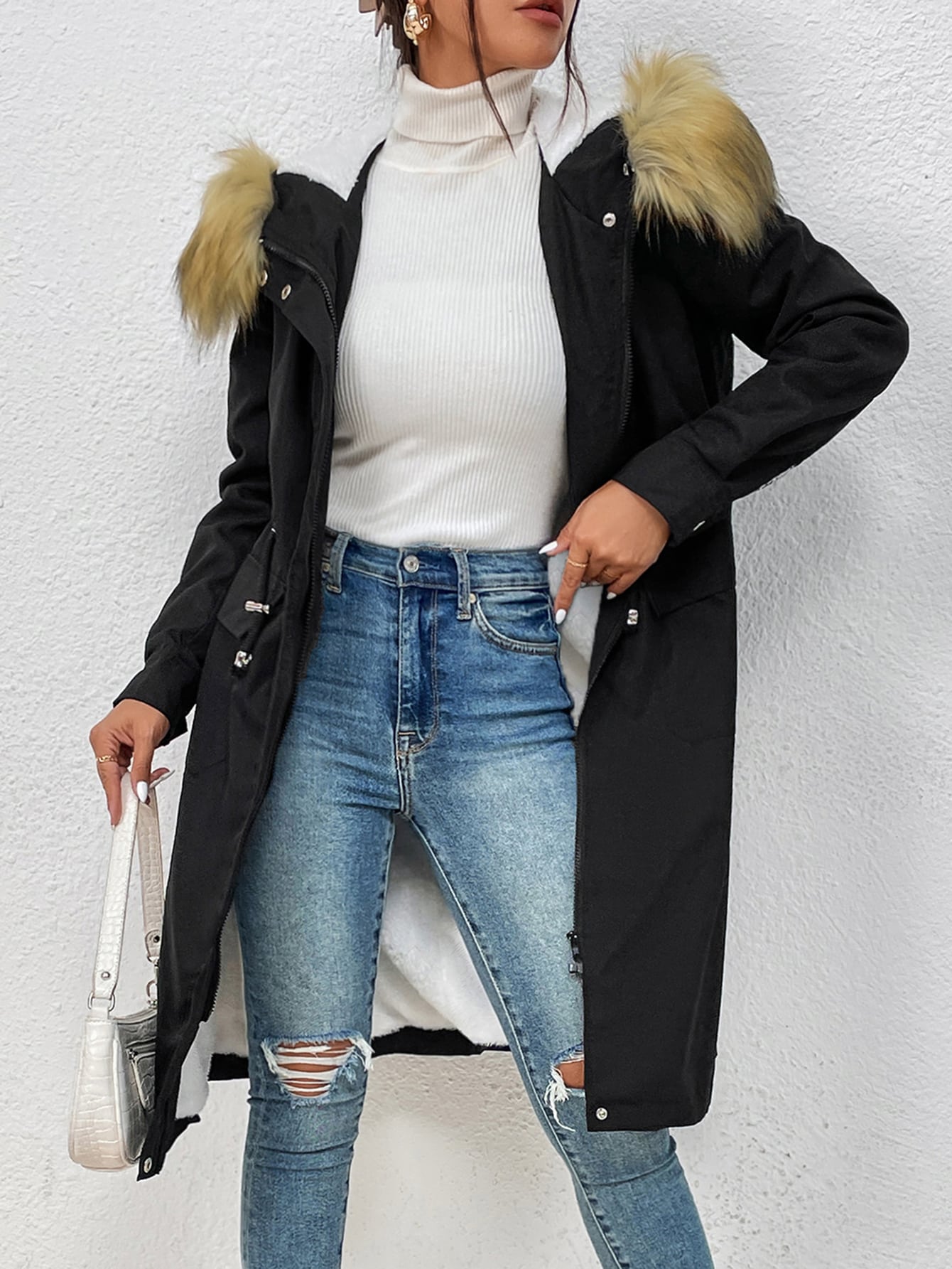 SHEIN LUNE Fuzzy Trim Hooded Parka Coat | SHEIN UK