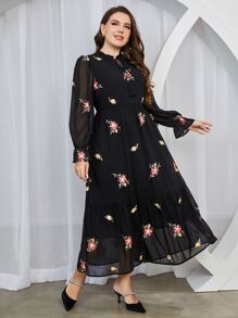 SHEIN Modely Plus Floral Print Tie Neck Flounce Sleeve Ruffle Hem Dress | SHEIN USA