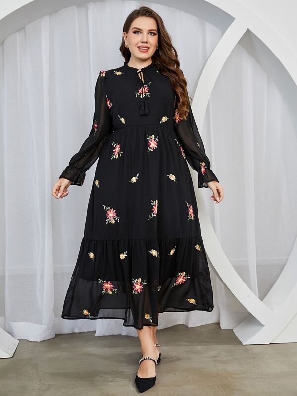 SHEIN Modely Plus Floral Print Tie Neck Flounce Sleeve Ruffle Hem Dress | SHEIN USA