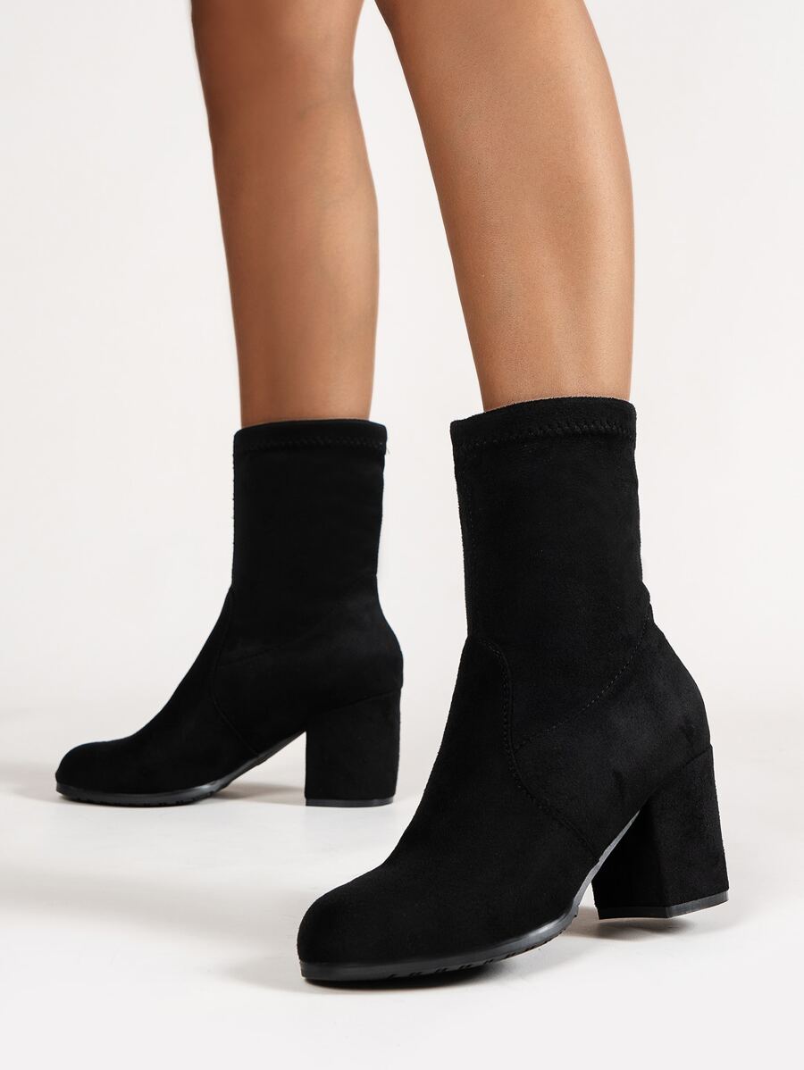 Women's Chunky Heel Pull-On Black Knee-High Stretch Boots | SHEIN USA