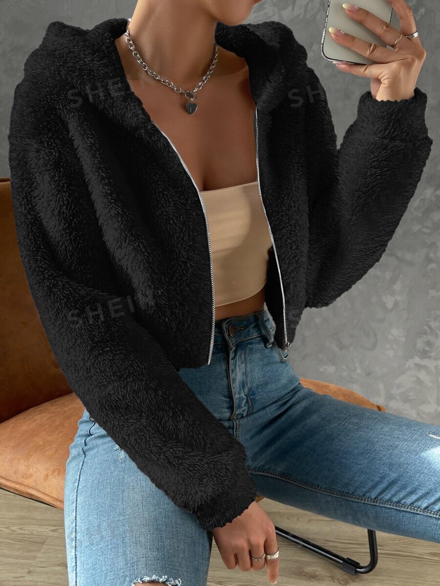 SHEIN EZwear Zip Up Drop Shoulder Hooded Crop Flannel Black Jacket ...