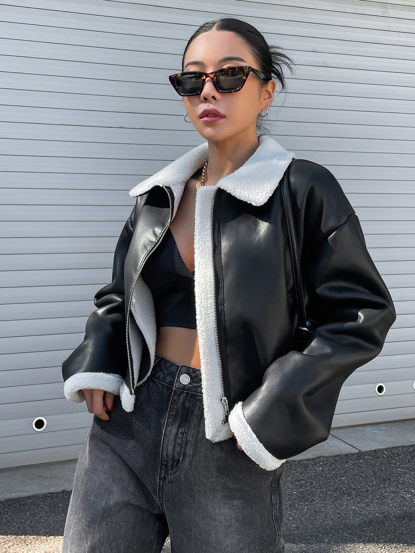 DAZY Teddy Lined Drop Shoulder PU Jacket