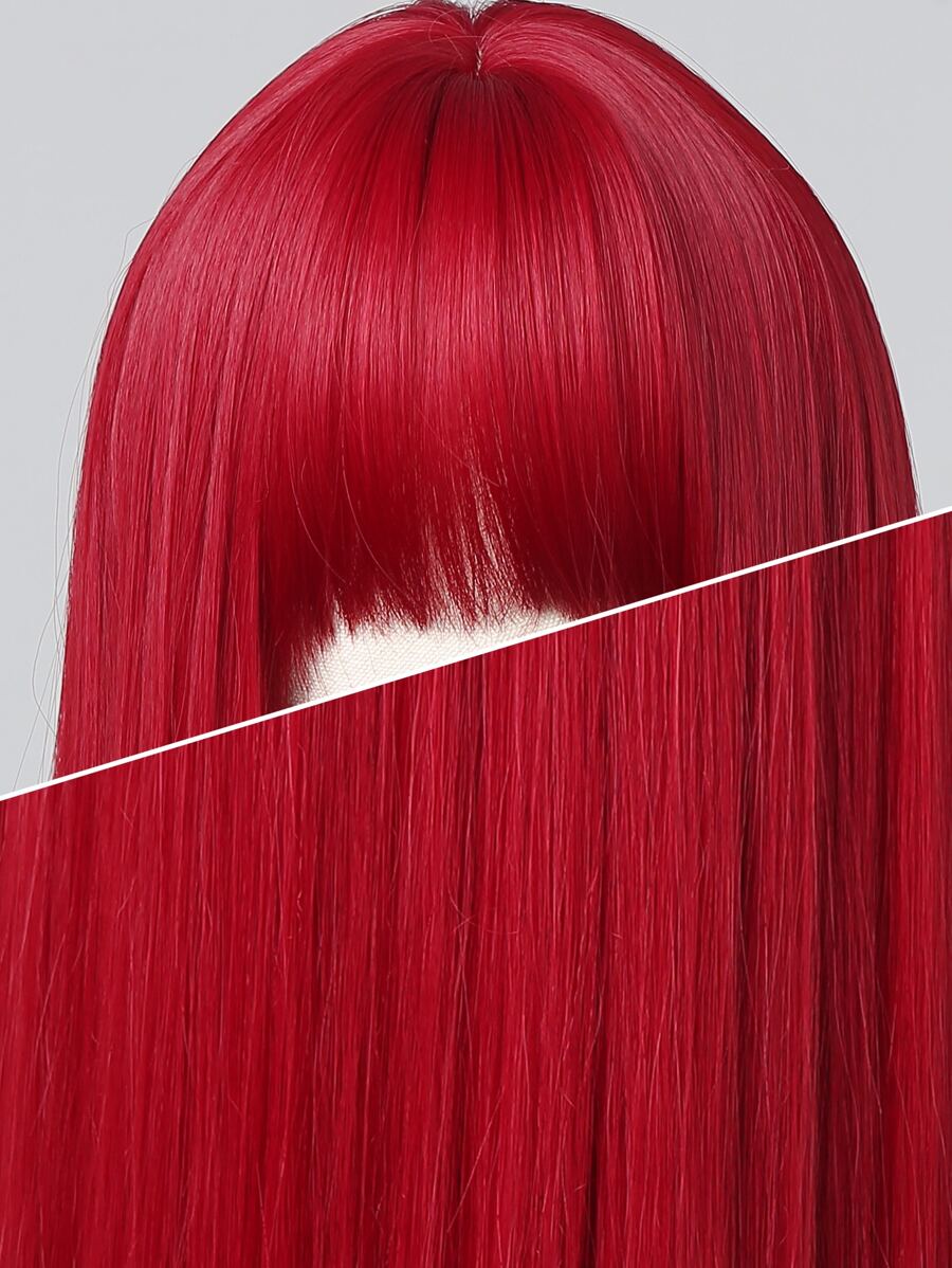 Red Color Long Silky Straight Wigs With Bangs Synthetic Wig For Fashion ...
