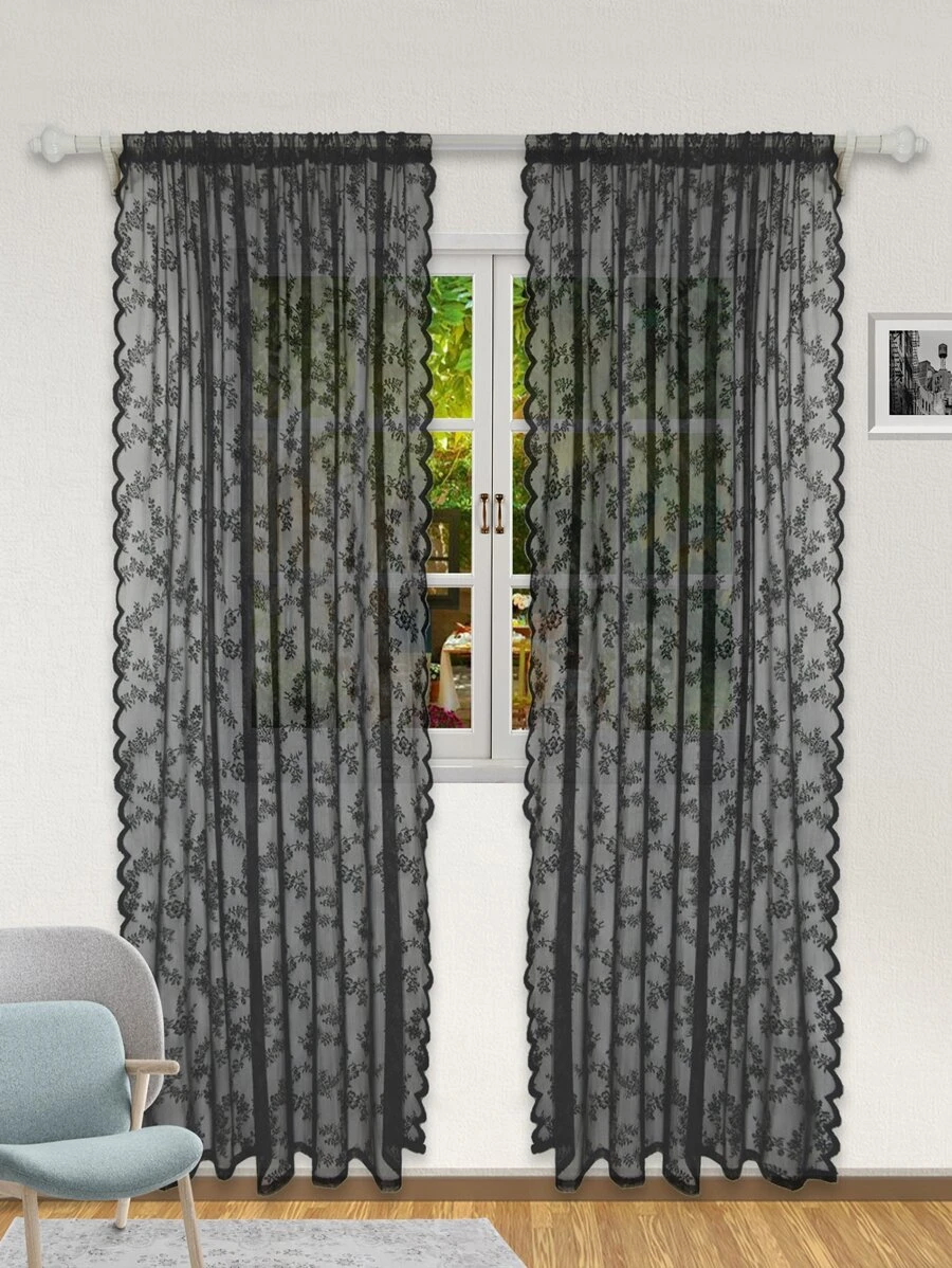 Floral Pattern Scallop Trim Single Panel Sheer Curtain | SHEIN USA