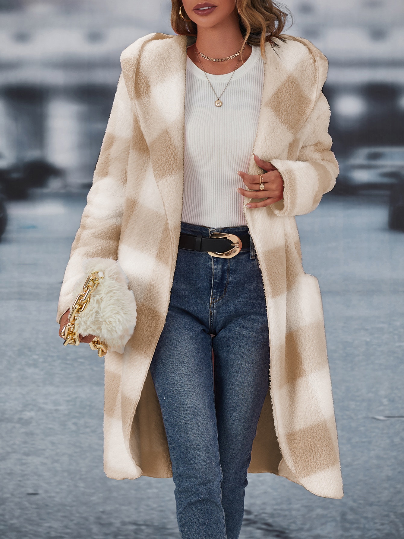 Shein Lune Buffalo Plaid Print Open Front Hooded Teddy Coat Shein Usa